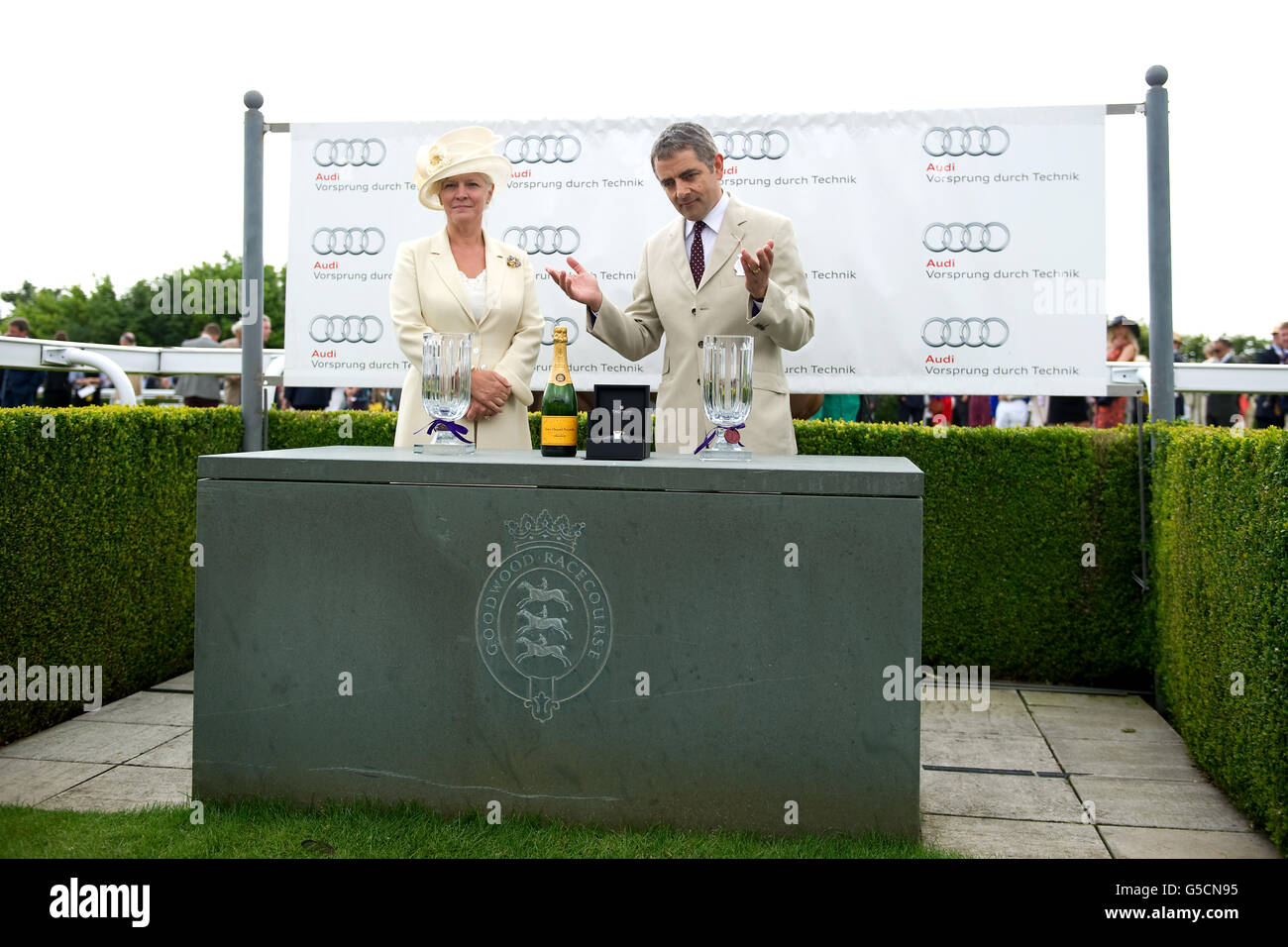 Lady March (l) and Rowan Atkinson prepare to hand out prizes for the ...