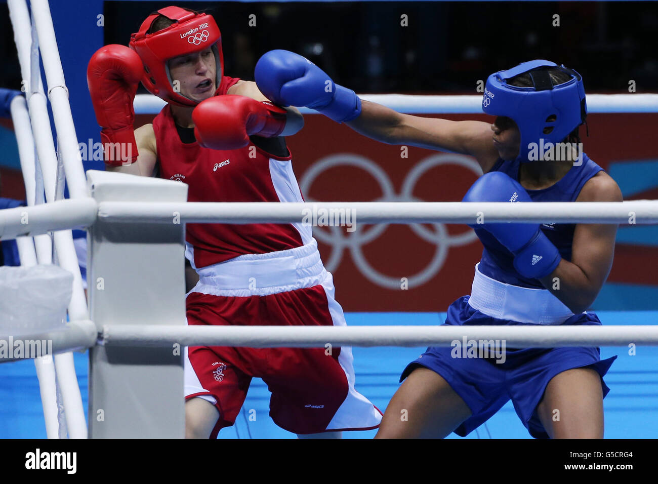 Ireland's women boxer Katie Taylor (red) on top during her quarter ...