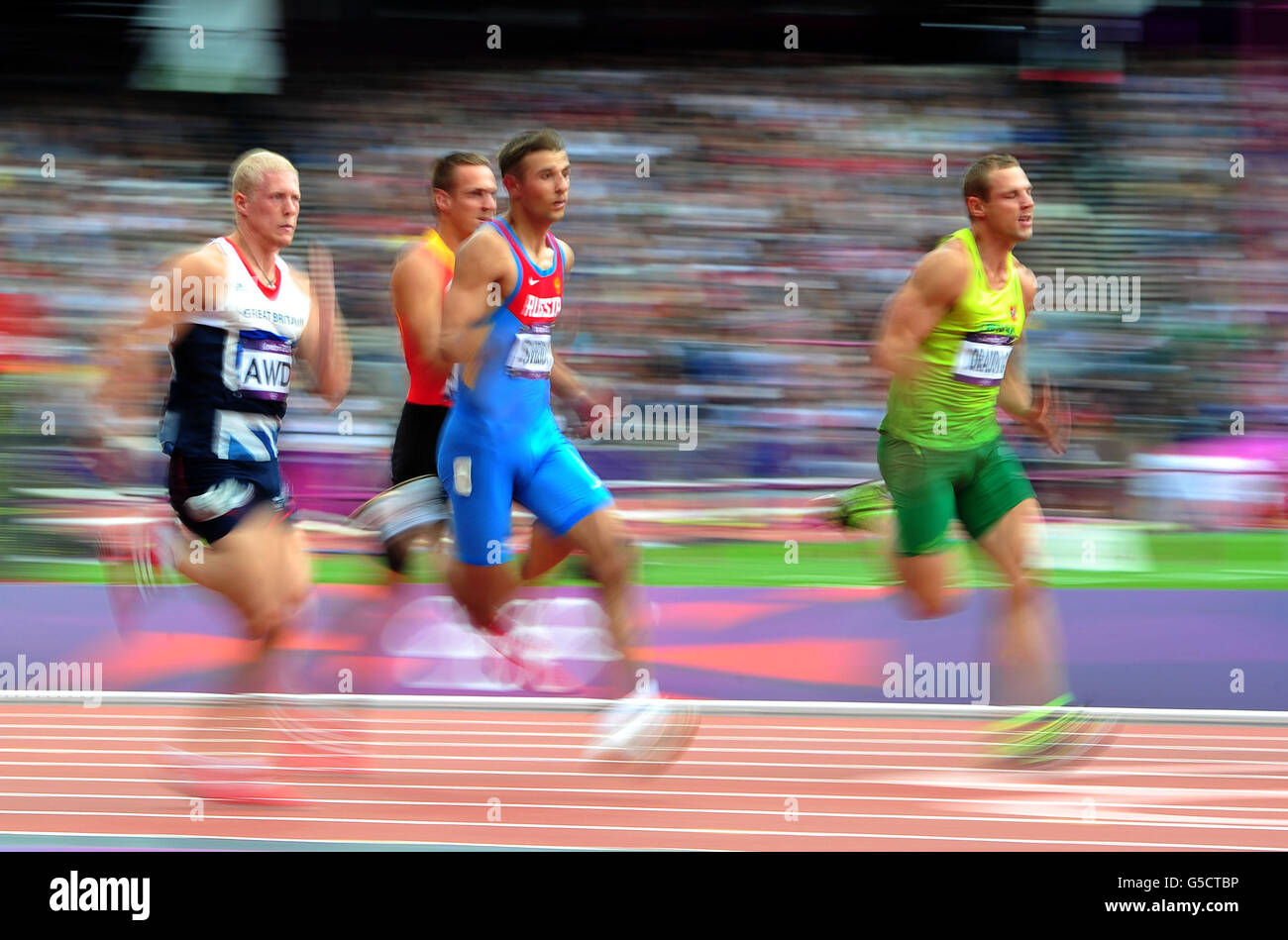 Great Britain's Daniel Awde (left) competes in the Men's Decathlon100m ...