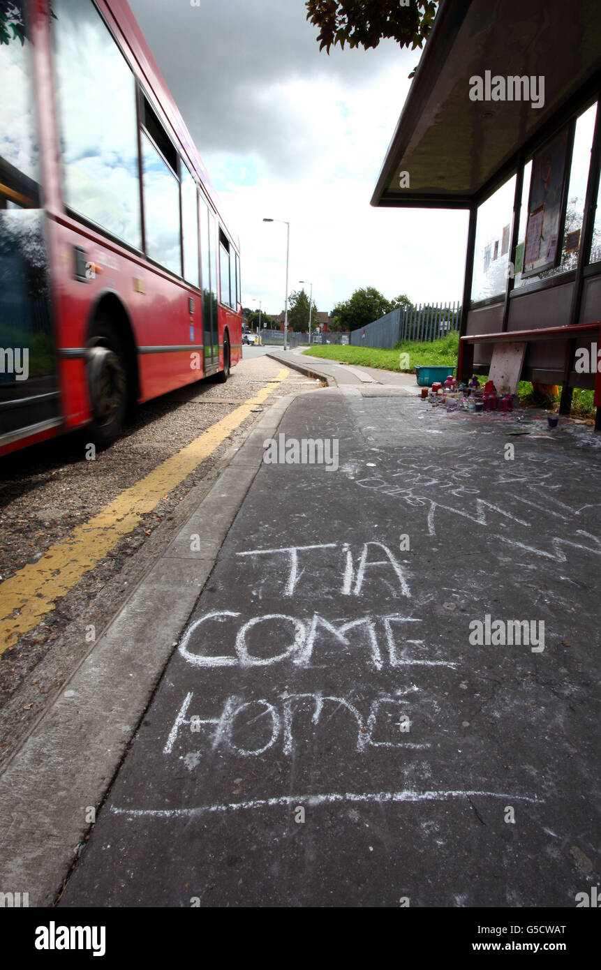 Messages are left at a bus stop near the home of Christine Sharp ...