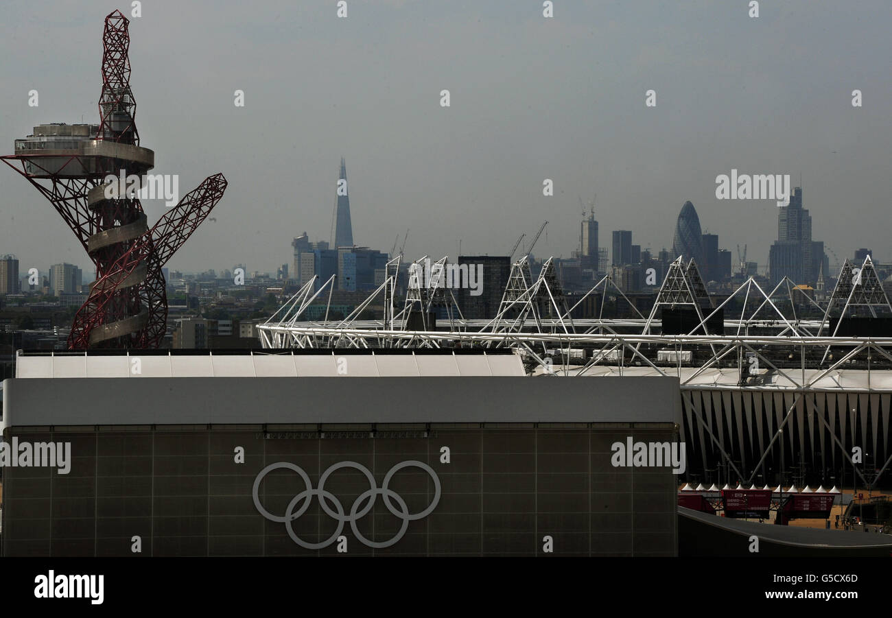 The London skyline and Orbit observation tower are seen from the roof ...