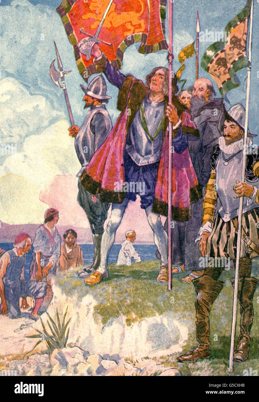 Christopher Columbus shaking the Red and Gold Flag of Spain and taking ...