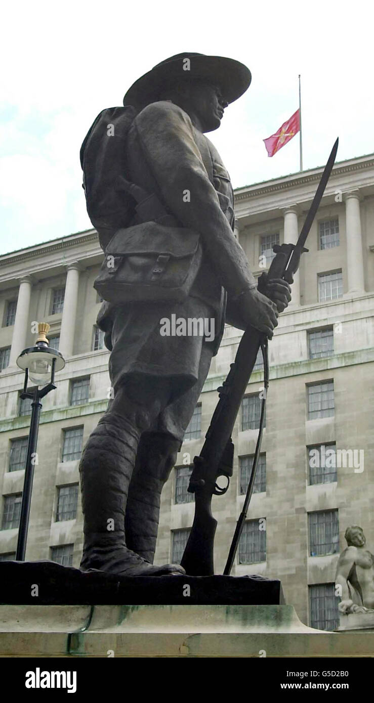 The Gurkha Statue, in Horse Guards Avenue, London with a flag at half ...
