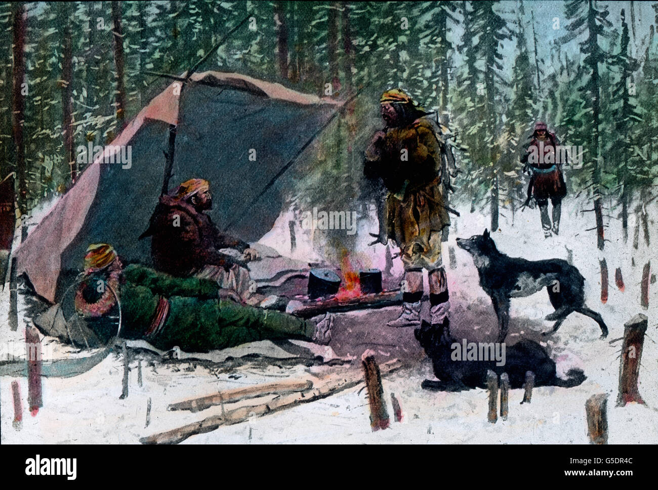 Trapper in einem Nachtlager im Winterwald. America, Northern, North ...