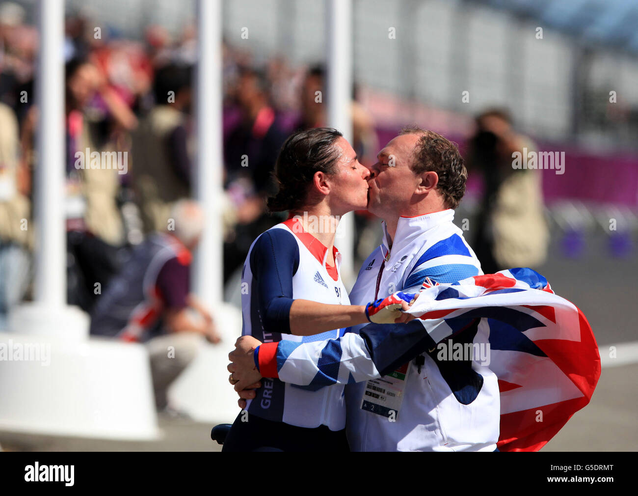 Great Britain's Sarah Storey celebrates with her husband Barney Storey ...