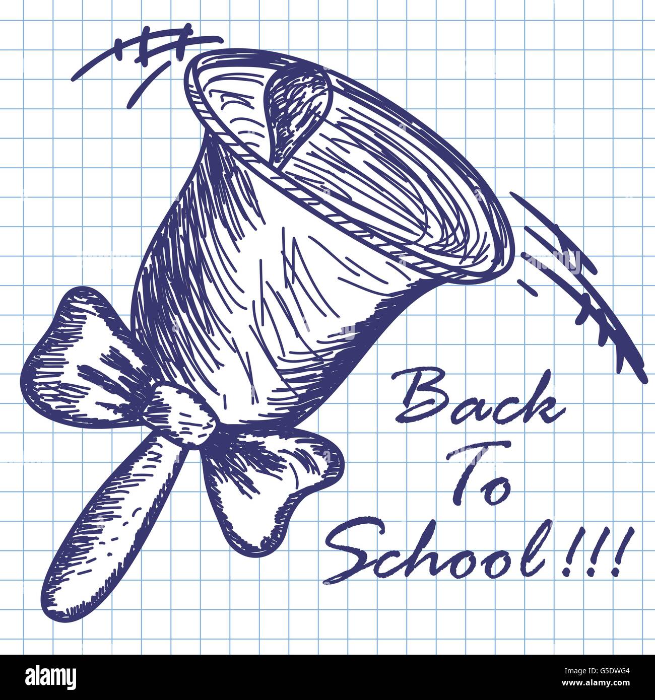 School hand bell. Doodle sketch on checkered paper background. Vector ...