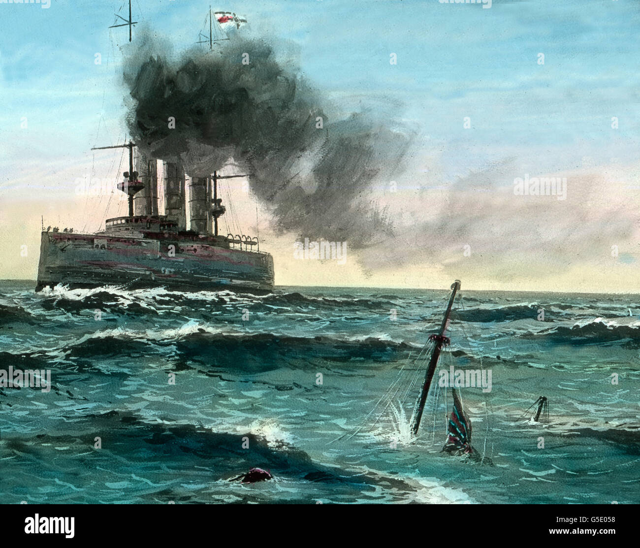 Die SMS Möwe versenkt ein britisches Handelsschiff. The SMS Moewe ...