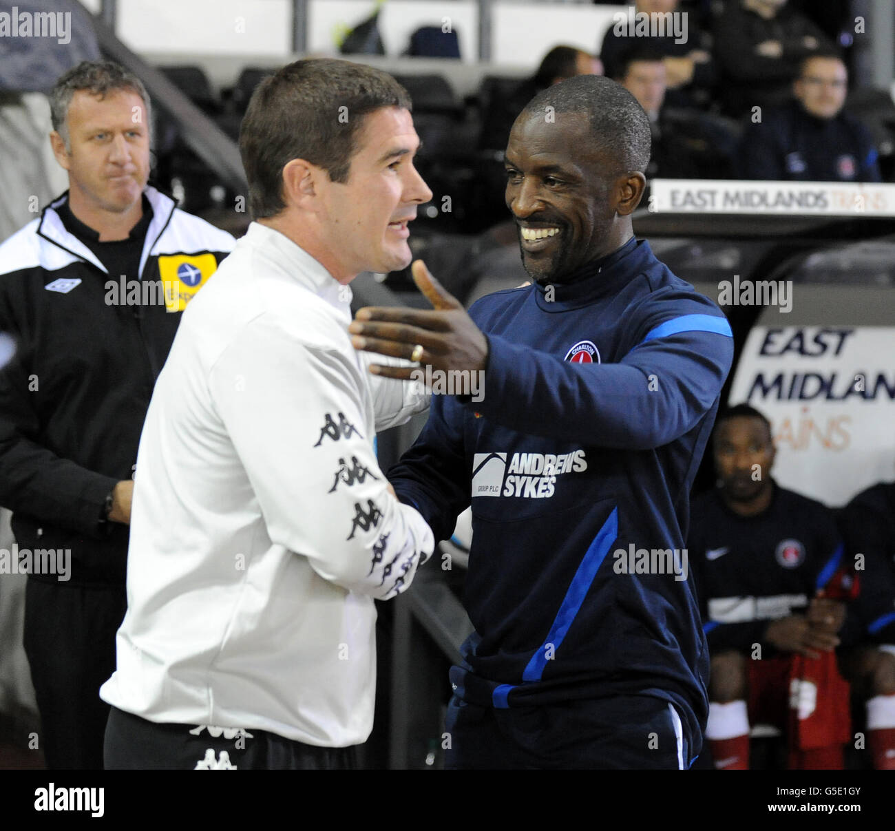 Derby County's Manager Nigel Clough (left) greets Charlton Athletic's ...