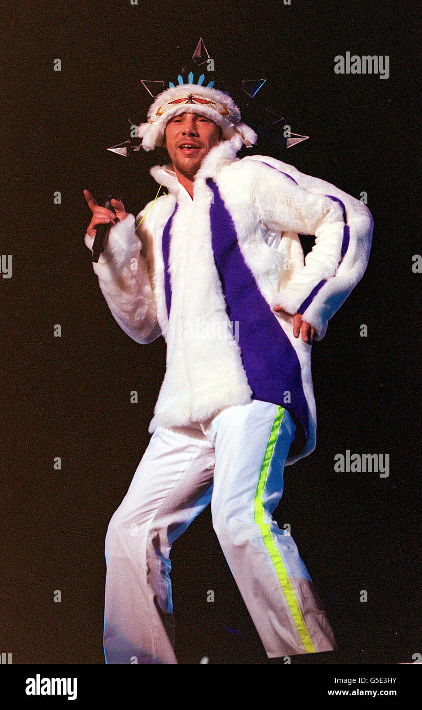 Jason 'Jay' Kay from the group Jamiroquai on stage at Knebworth. The ...