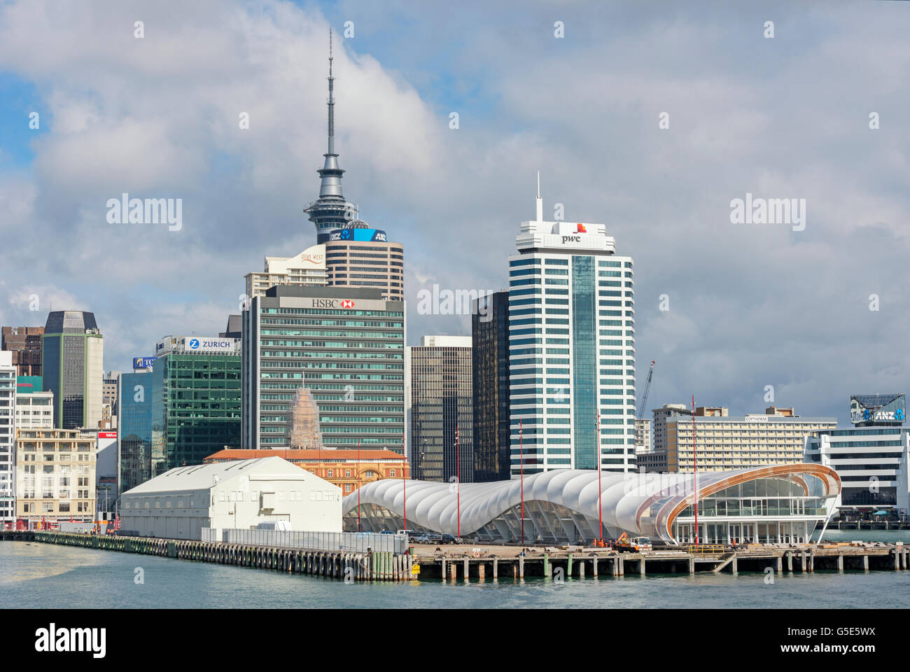 Auckland ferry terminal with skyline, Auckland, North Island, New ...