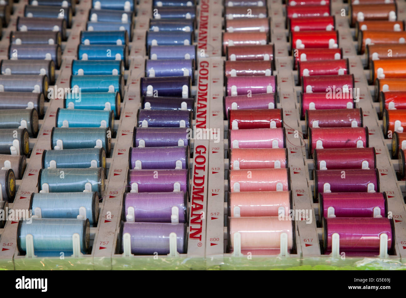 Sewing thread reels on a market stall, Dortmund, Ruhrgebiet region ...