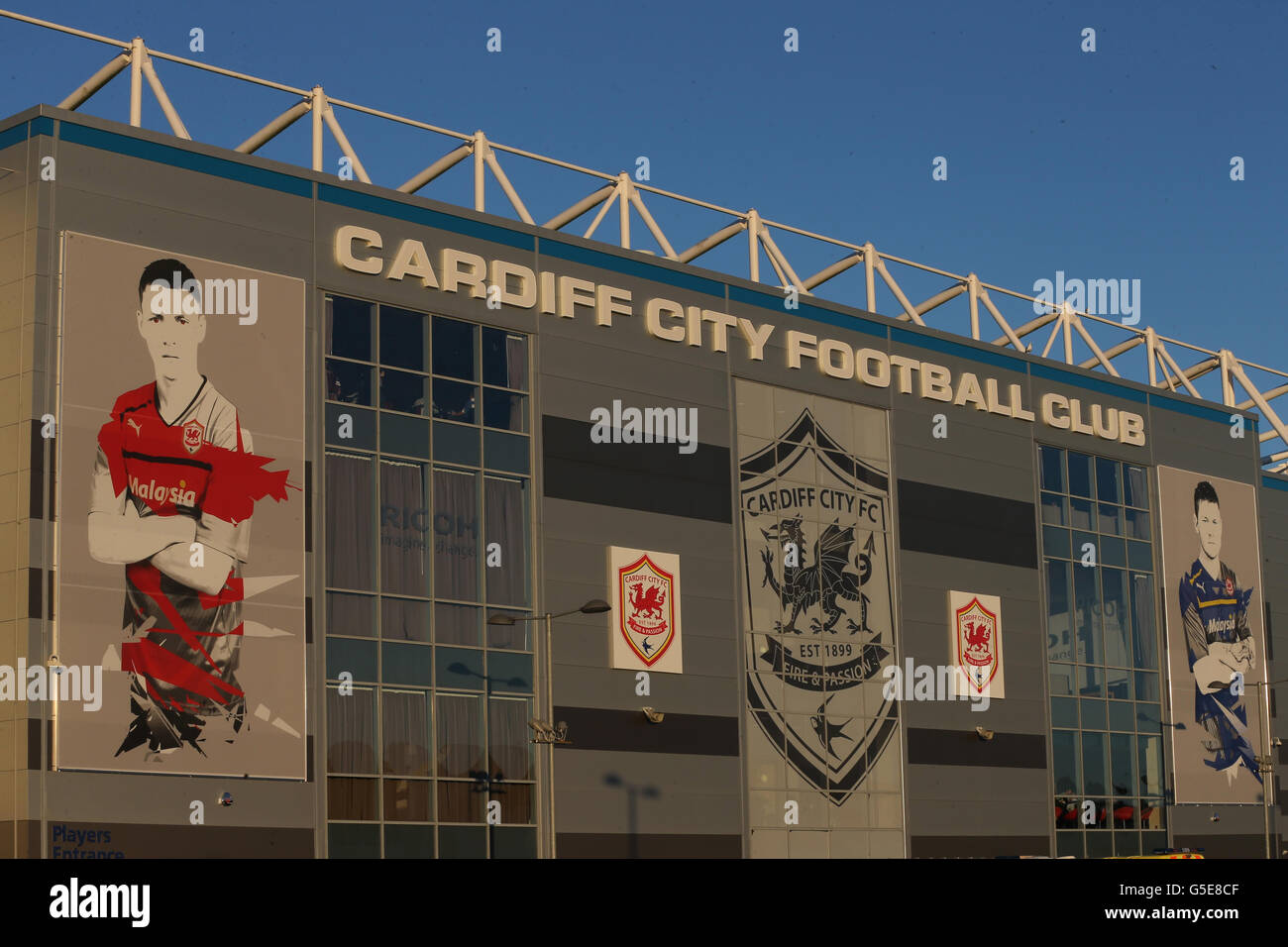 A view of Cardiff City Stadium showing Cardiff City's shirt colours ...