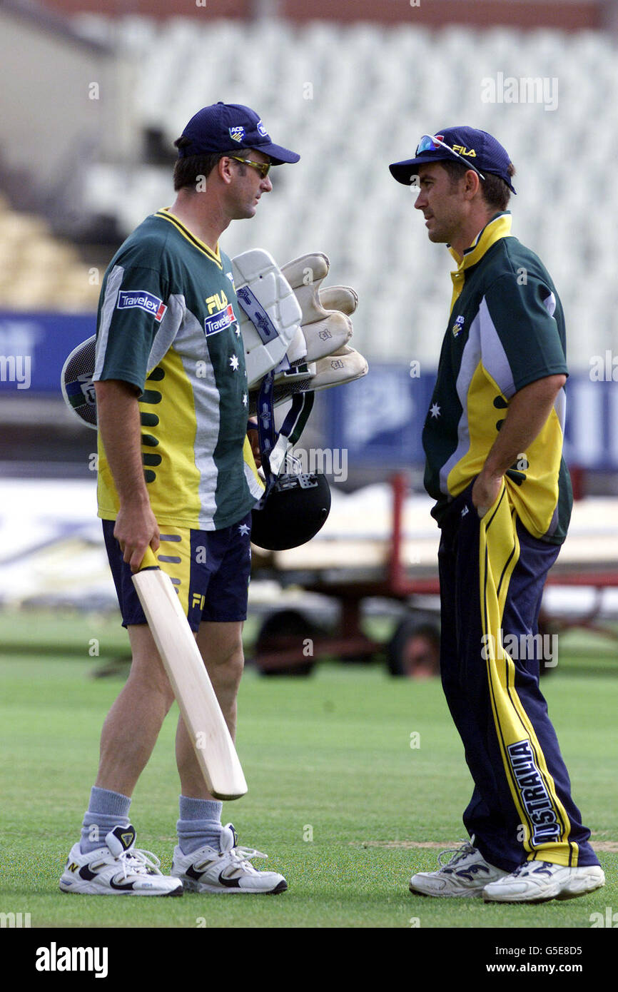 Australia's captain Steve Waugh (left) talks to Justin Langer during a ...