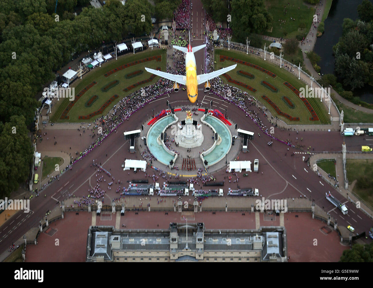 A British Airways Airbus aircraft flies over the Queen Victoria ...