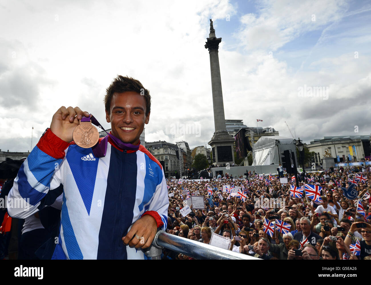 Britain's bronze medal winning diver Tom Daley poses during a parade ...