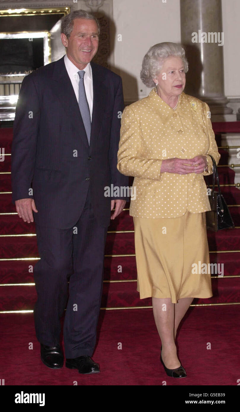 US President George W. Bush with Britain's Queen Elizabeth II as he ...