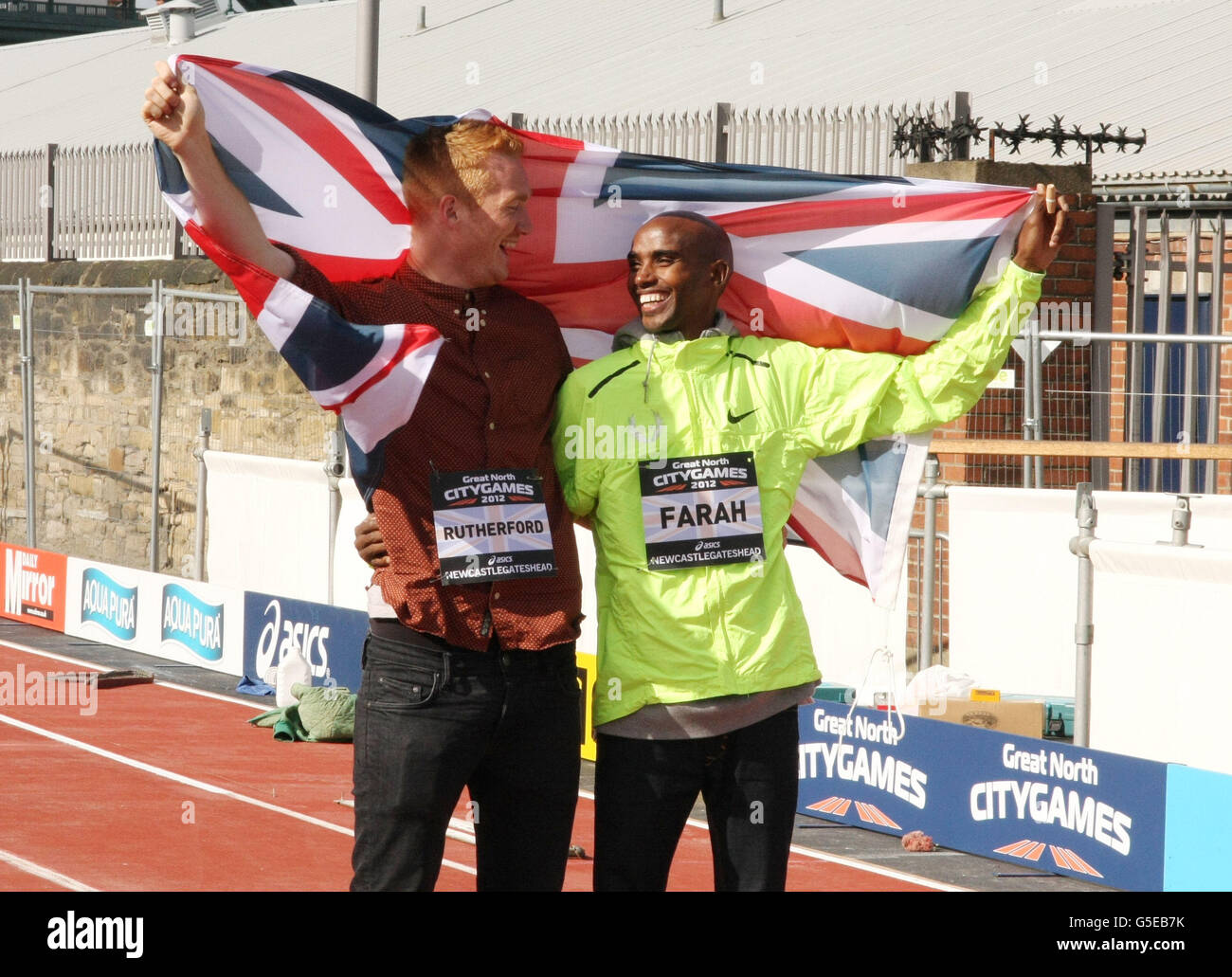 Olympic Gold medalists Greg Rutherford and Mo Farah during a photocall ...