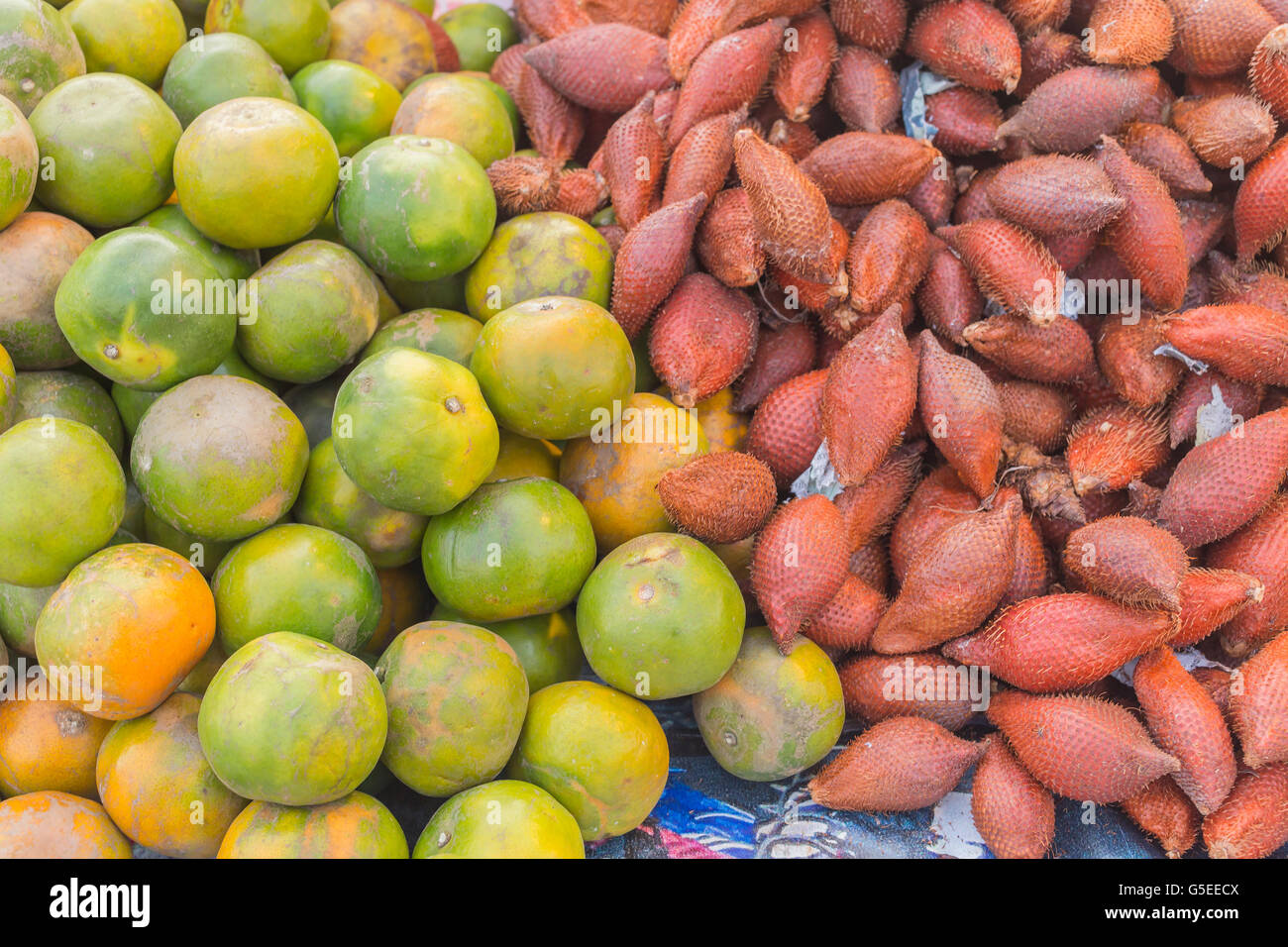 Red tropical fruit Salacca or zalacca and tangerine fruits in Thailand ...