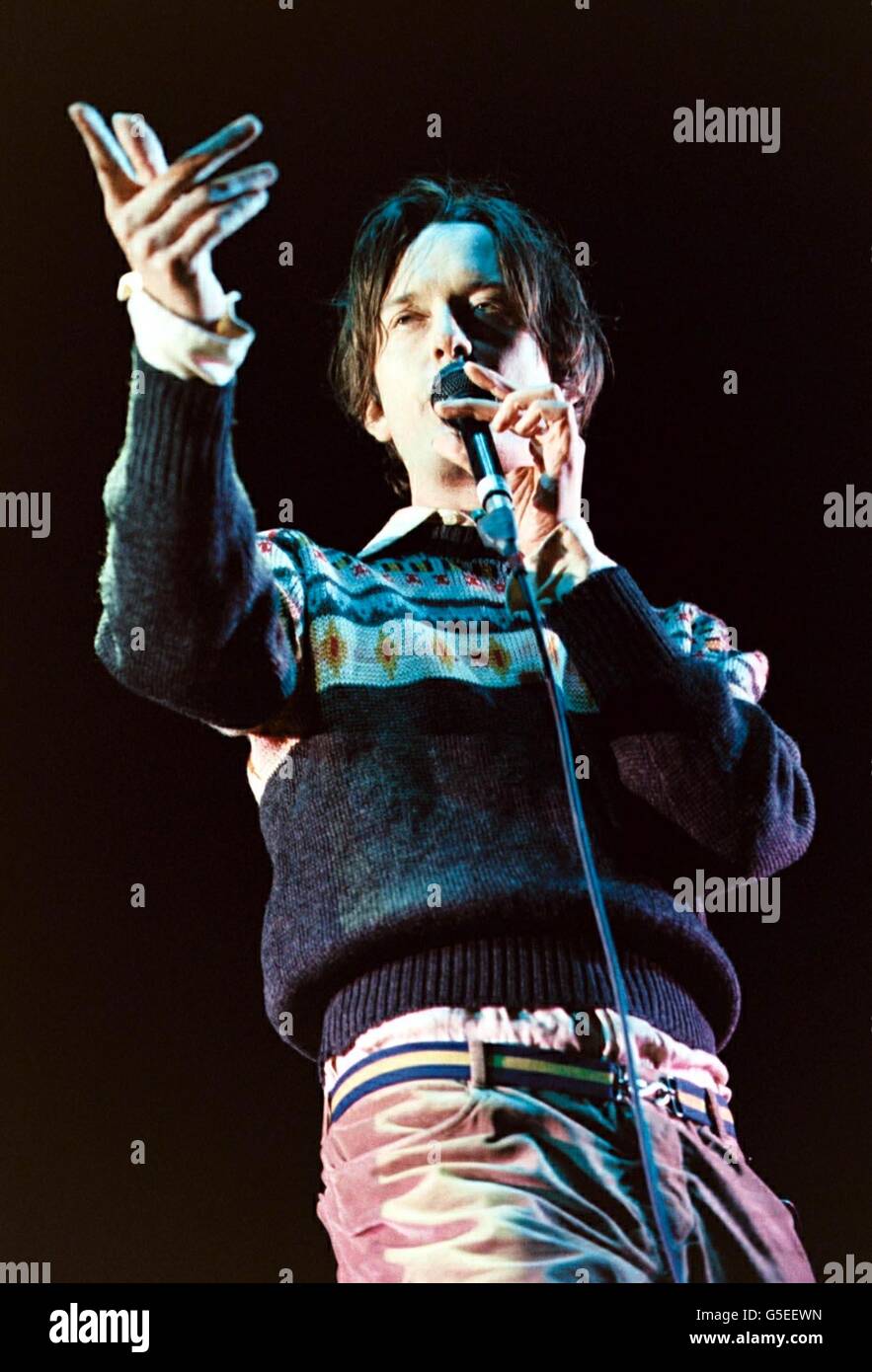 Jarvis Cocker, lead singer of the pop band Pulp, performs on stage at ...