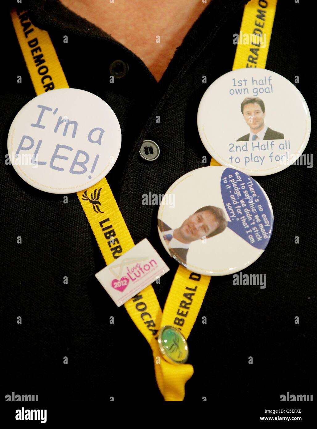 A party supporter wears badges created at the Liberal Democrat Annual ...