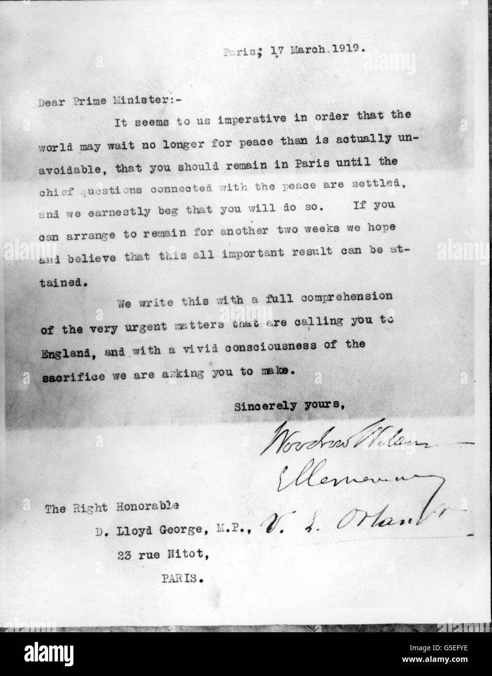 World War One - Peace Conference - Letter to Lloyd George Stock Photo ...