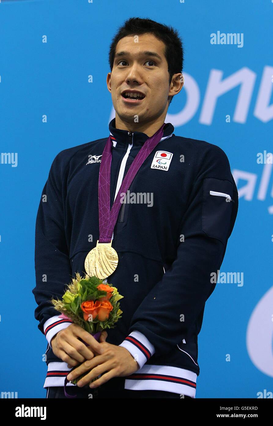 Gold Medalist Japan's Yasuhiro Tanaka after the Men's 100m Breaststroke - SB14 Final, during the ...