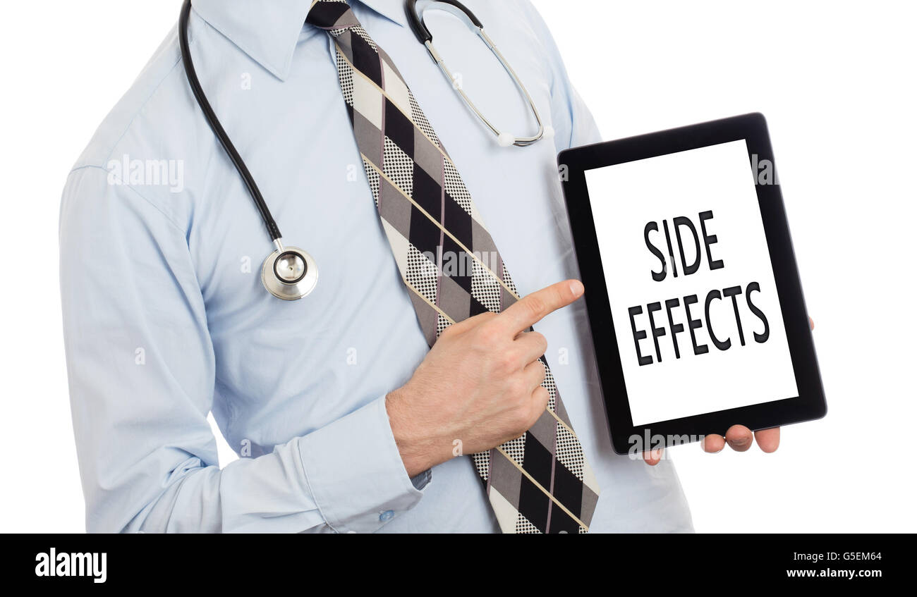 Doctor, isolated on white backgroun, holding digital tablet - Side ...