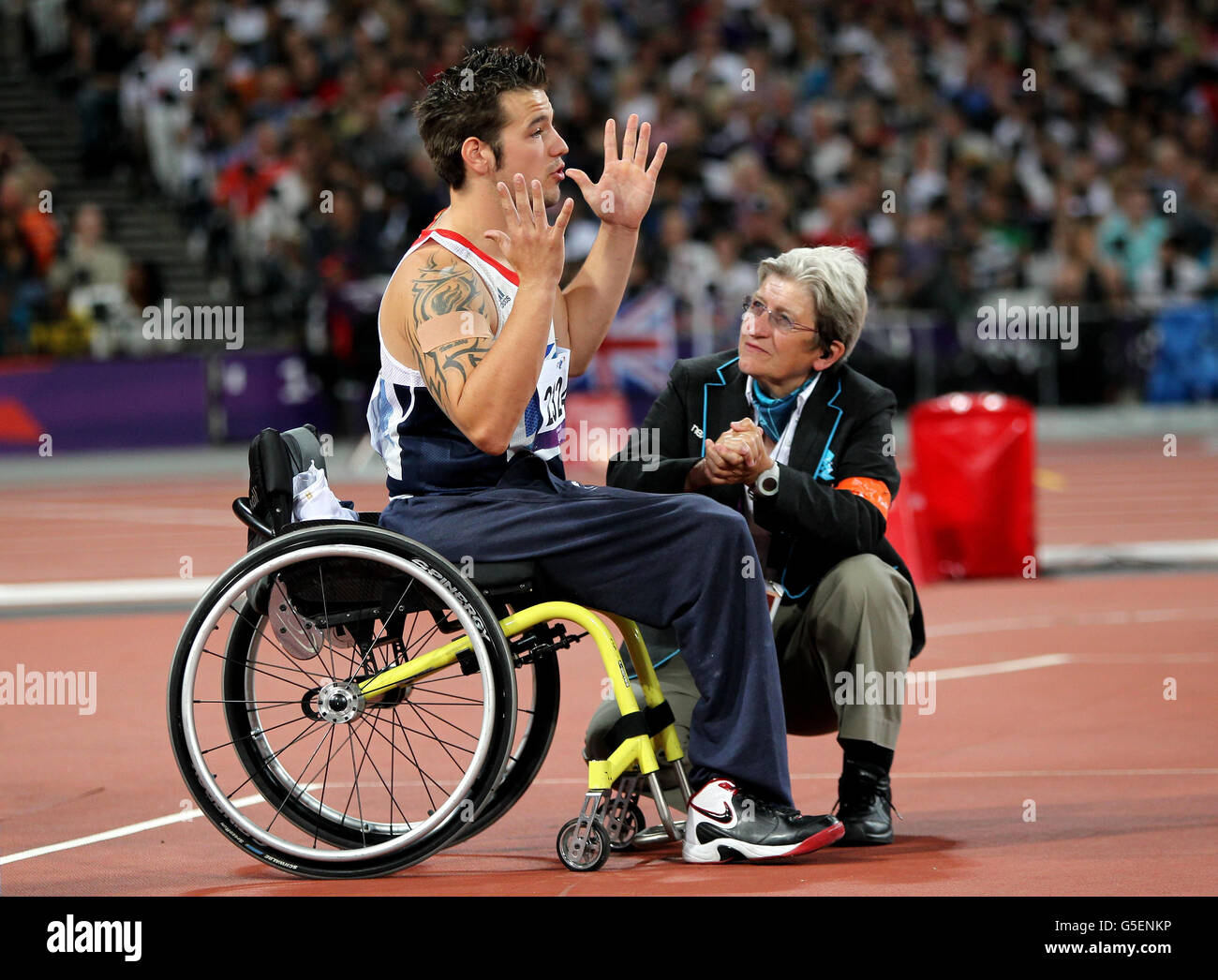 Great Britain's Nathan Stephens shows his frustration after discussing ...