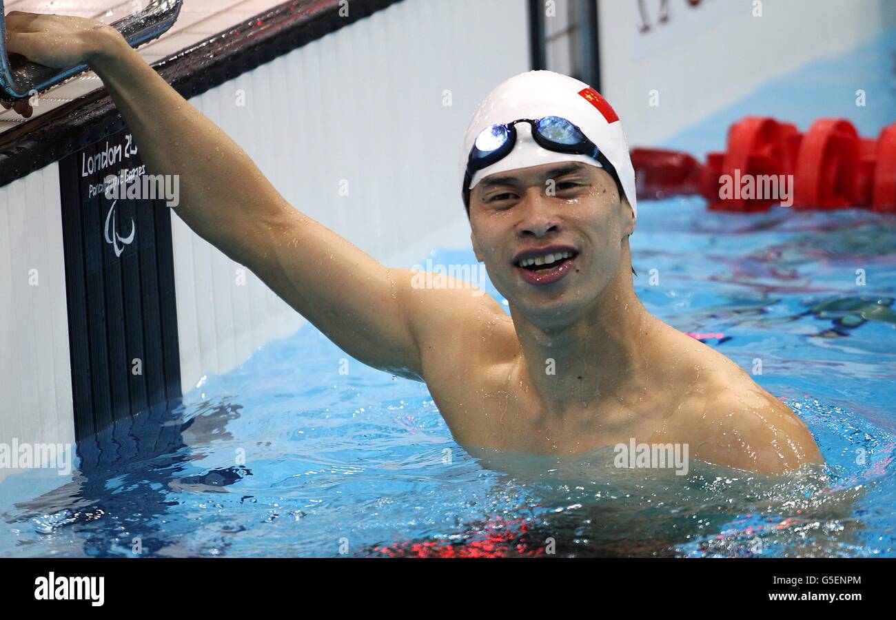 China's Yinan Wang after winning his leg and the gold medal during the Men's 4x100m Medley Relay ...