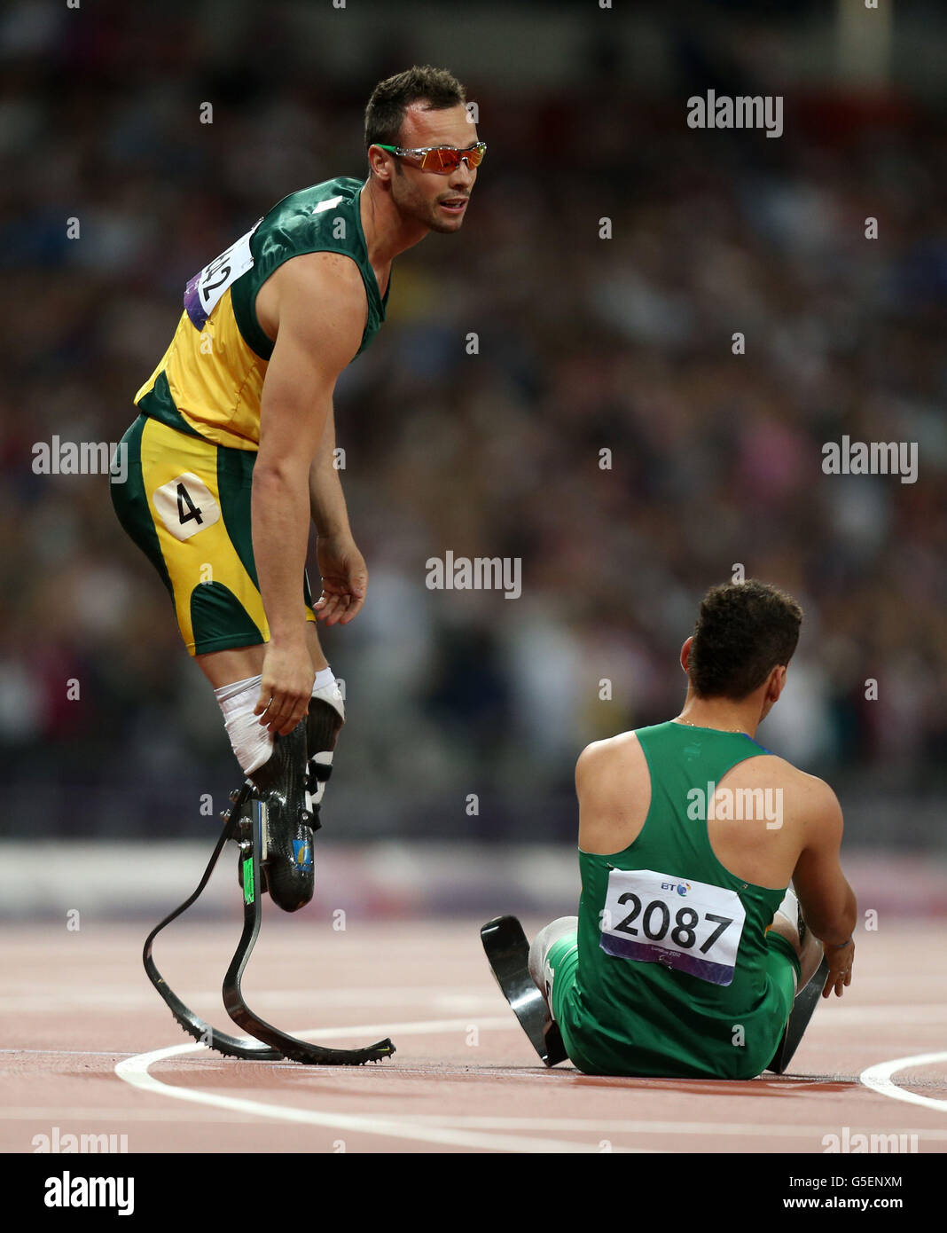 South Africa's Oscar Pistorius, with Brazil's Alan Oliveira (right) who ...