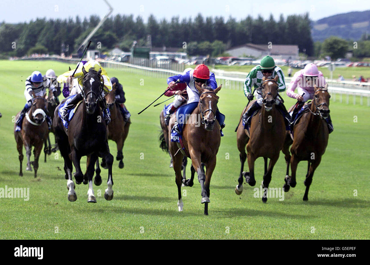 Lailani with jockey Frankie Dettori (red cap) comes forward to beat Mot ...