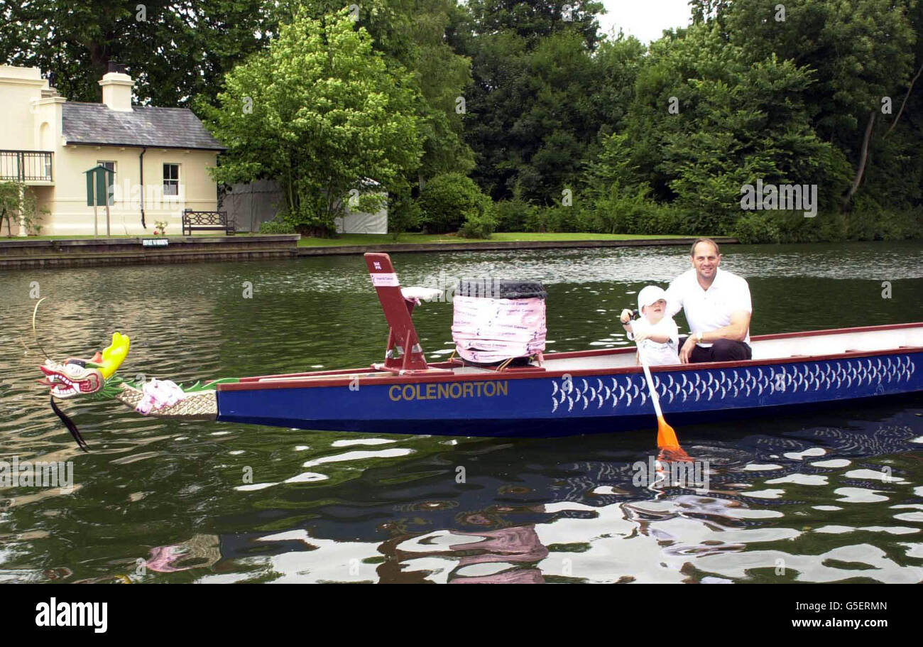 Sir Steve Redgrave and son Zac aged 3 rowing a dragon boat on the River ...