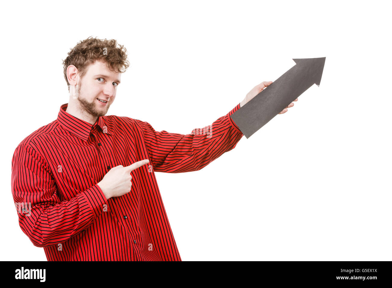 Make choice concept. Elegant man in red with big black arrow sin symbol ...