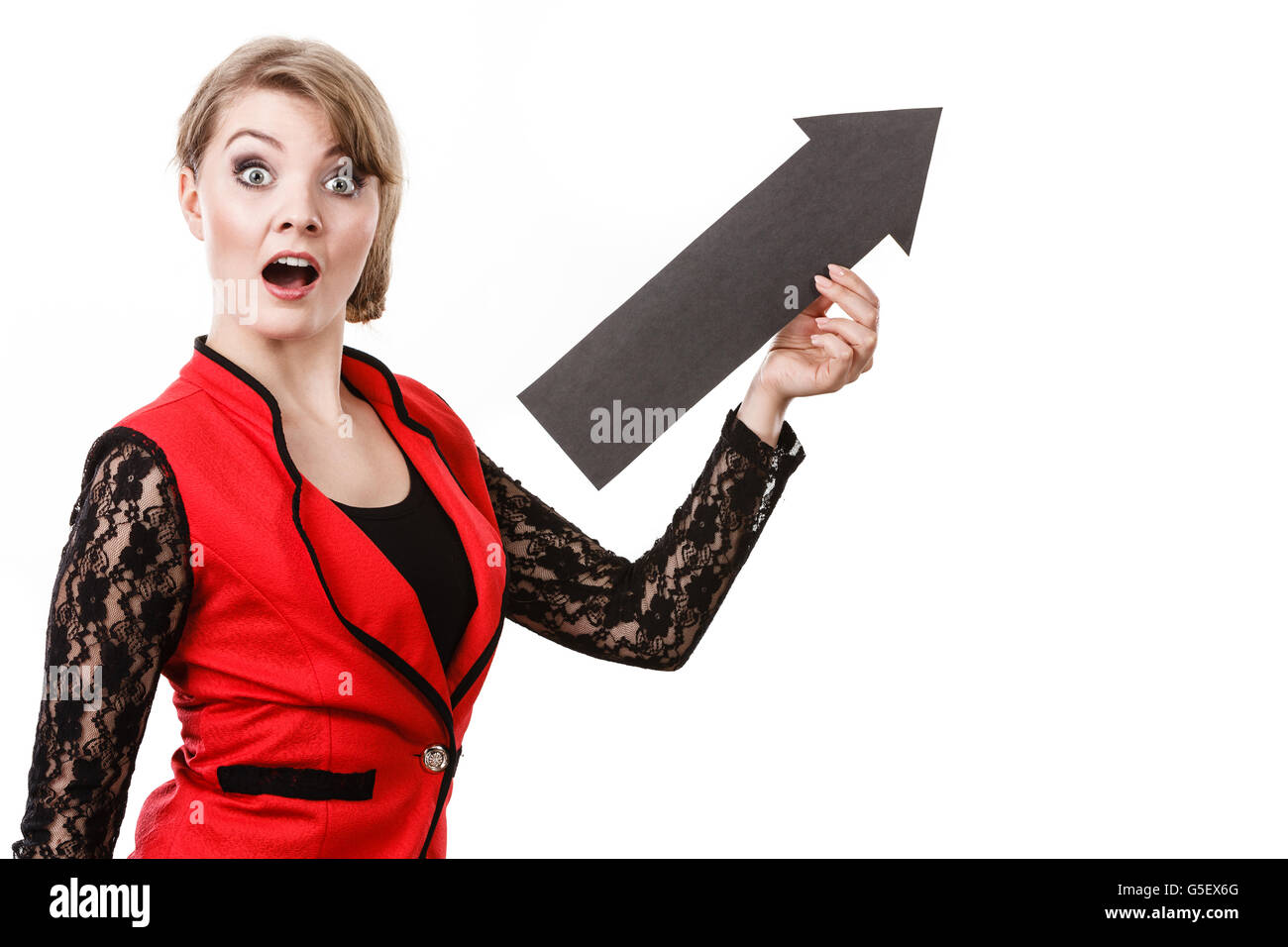 Make choice concept. Elegant woman in red with big black arrow sin ...