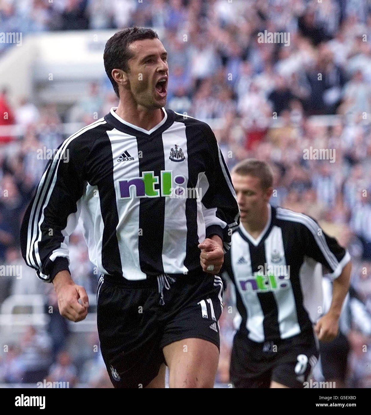 Newcastle's Gary Speed celebrates the opening goal against 1860 Munich ...