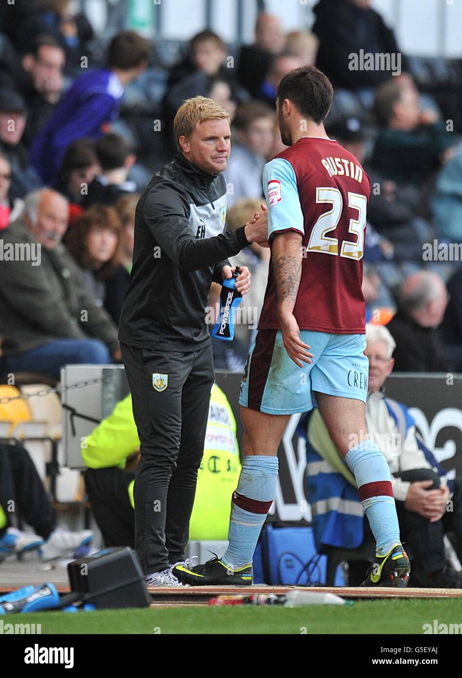 Burnley manager Eddie Howe (left) congratulates goalscorer Charlie ...