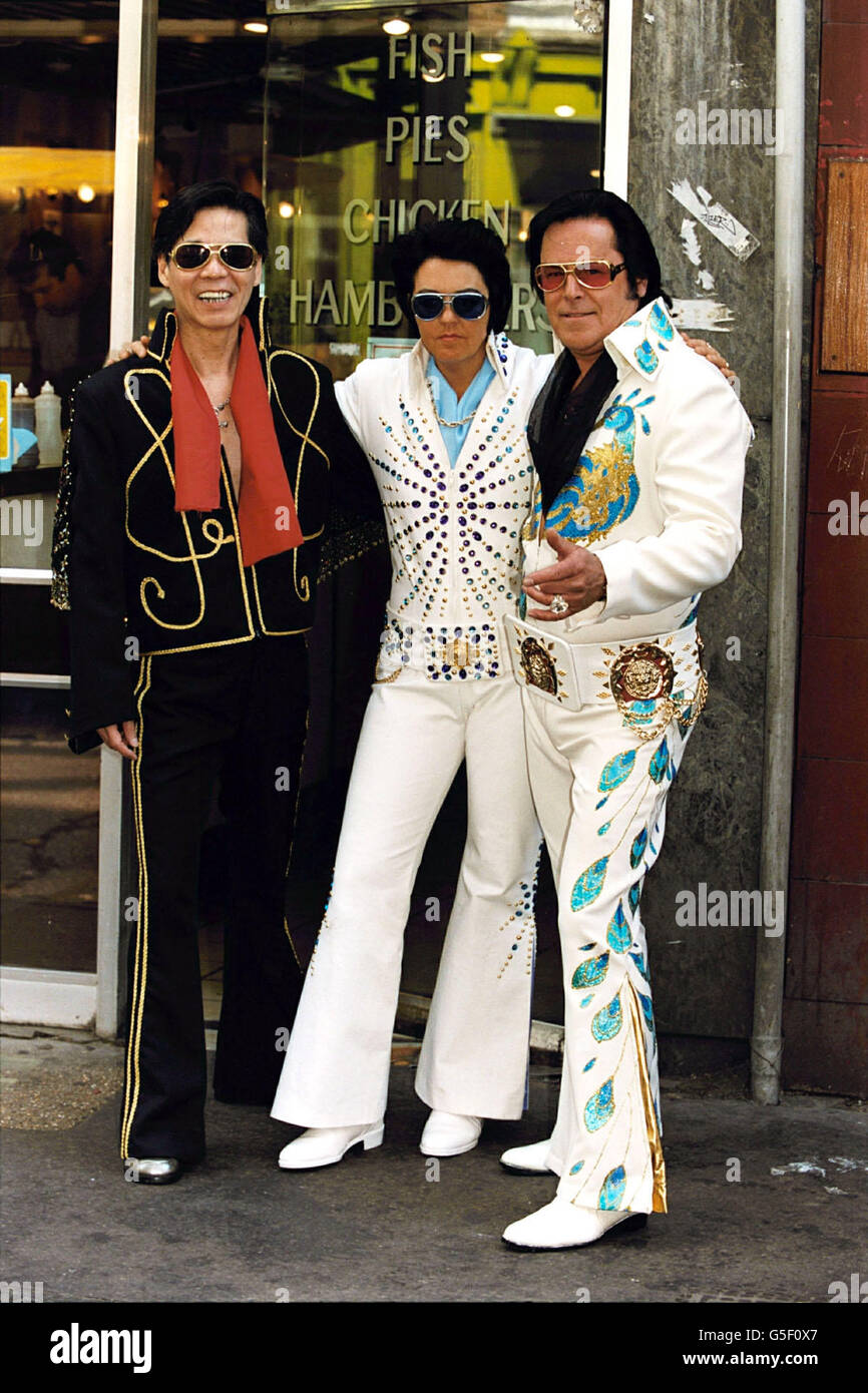 Three Elvis impersonators (L-R) Johnny Lo, Di Gregory and Dave Sands ...