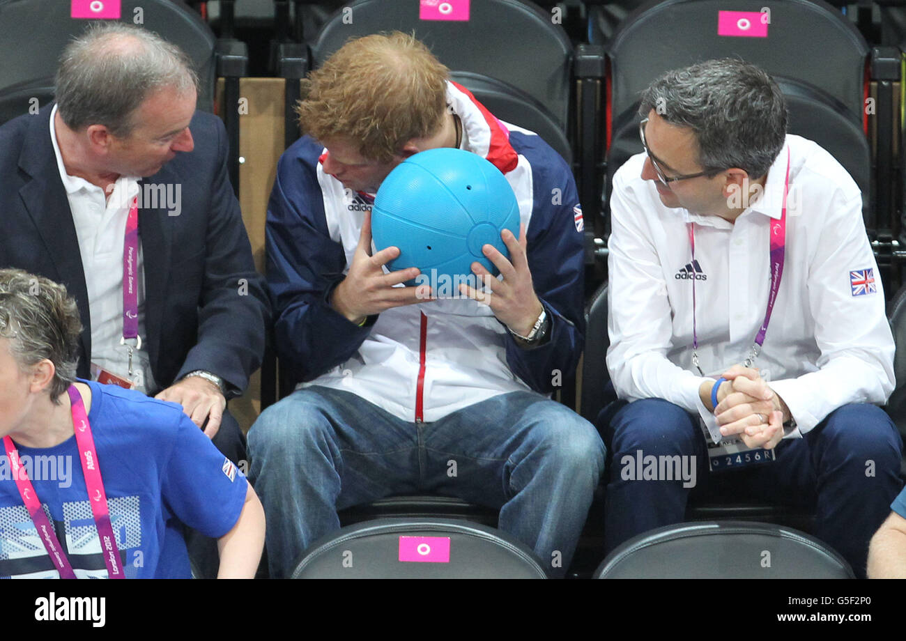 Prince Harry holds a Goalball as he attends the Women's Goalball on day ...