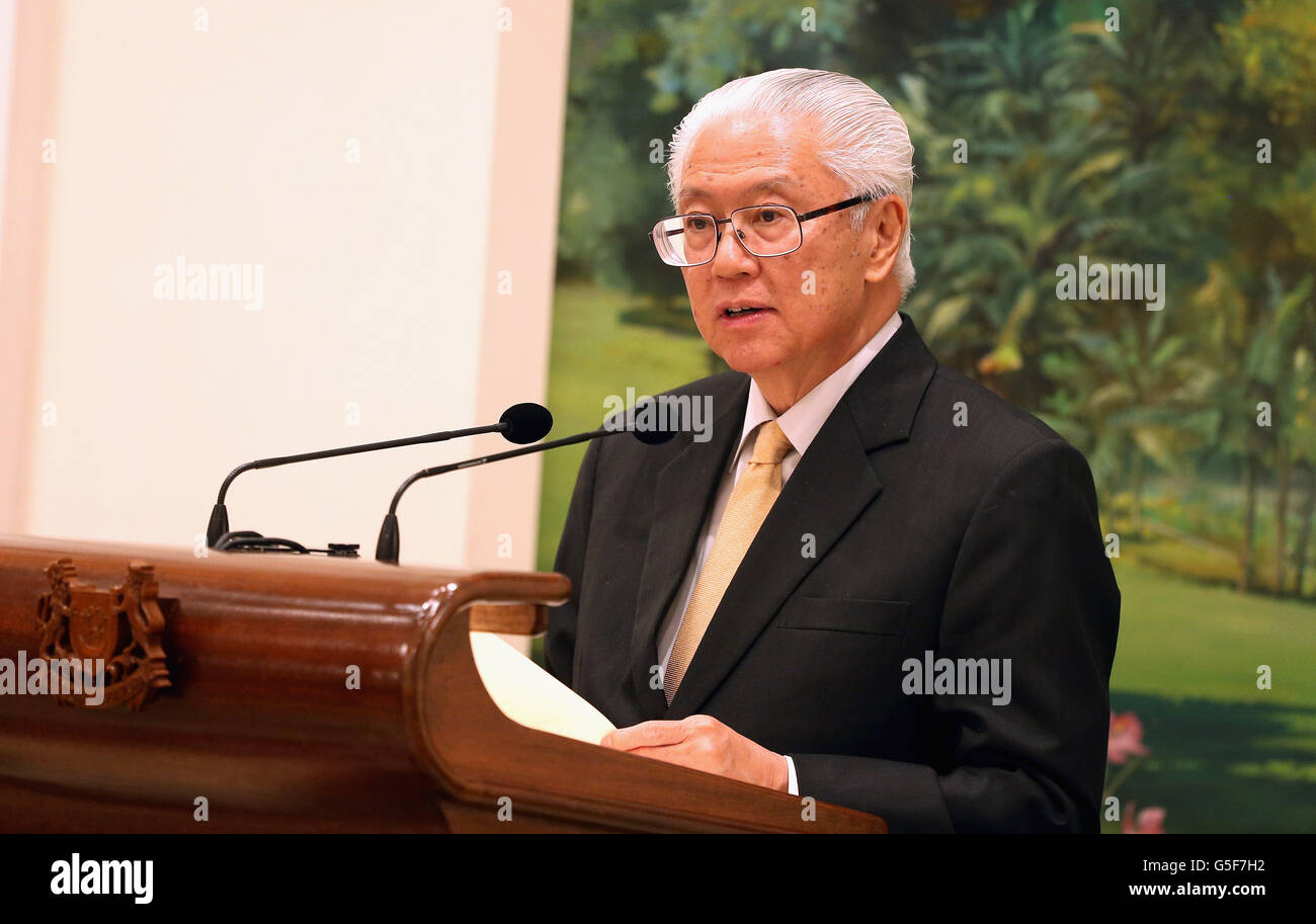 The President of Singapore Tony Tan gives a speech during a visit by ...