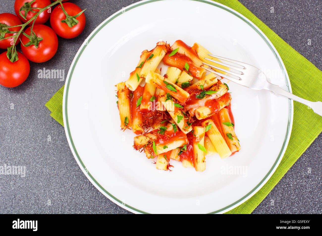 Pasta with Tomato Sauce Ketchup and Saffron Stock Photo - Alamy