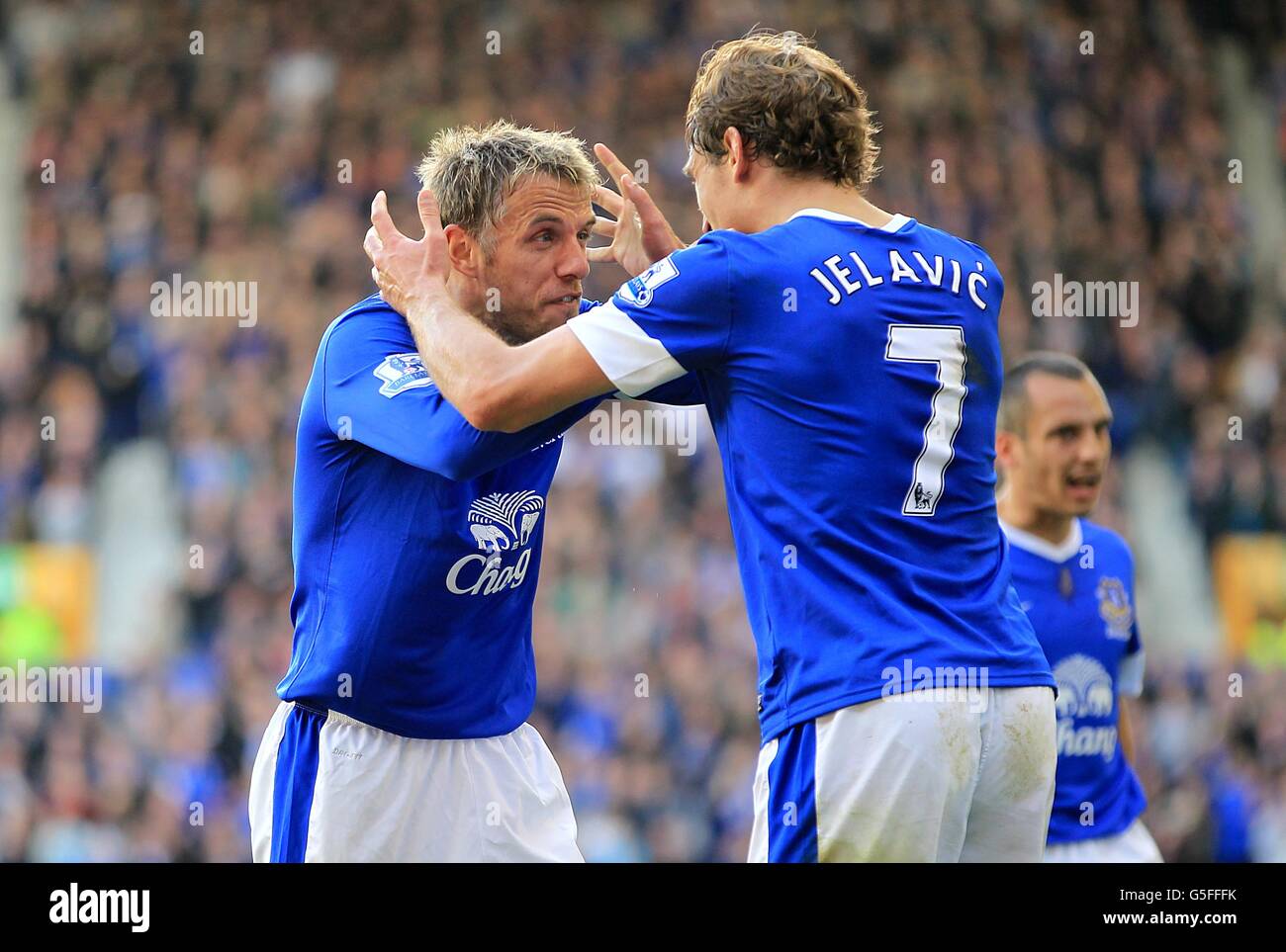 Everton's Nikica Jelavic celebrates scoring their second goal of the ...