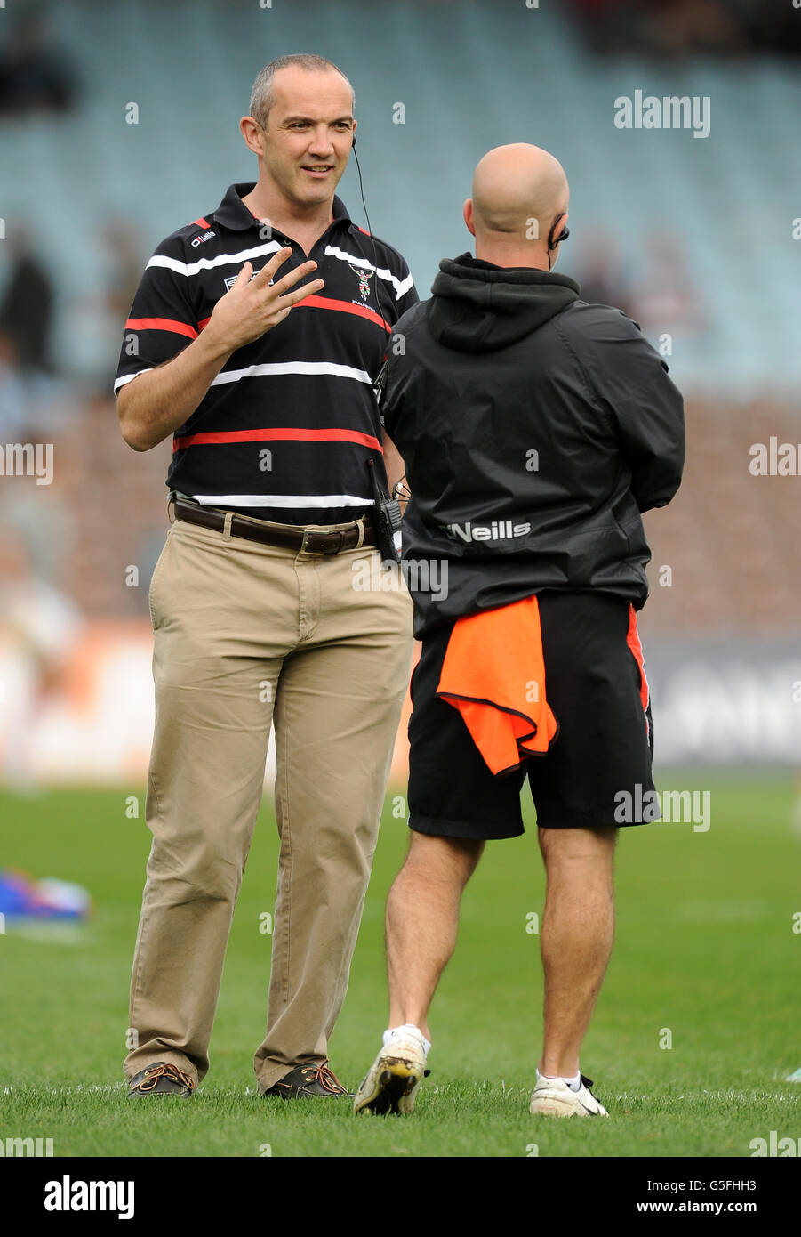 Harlequins Director of Rugby Conor O'Shea (left) chats with coach Mark ...