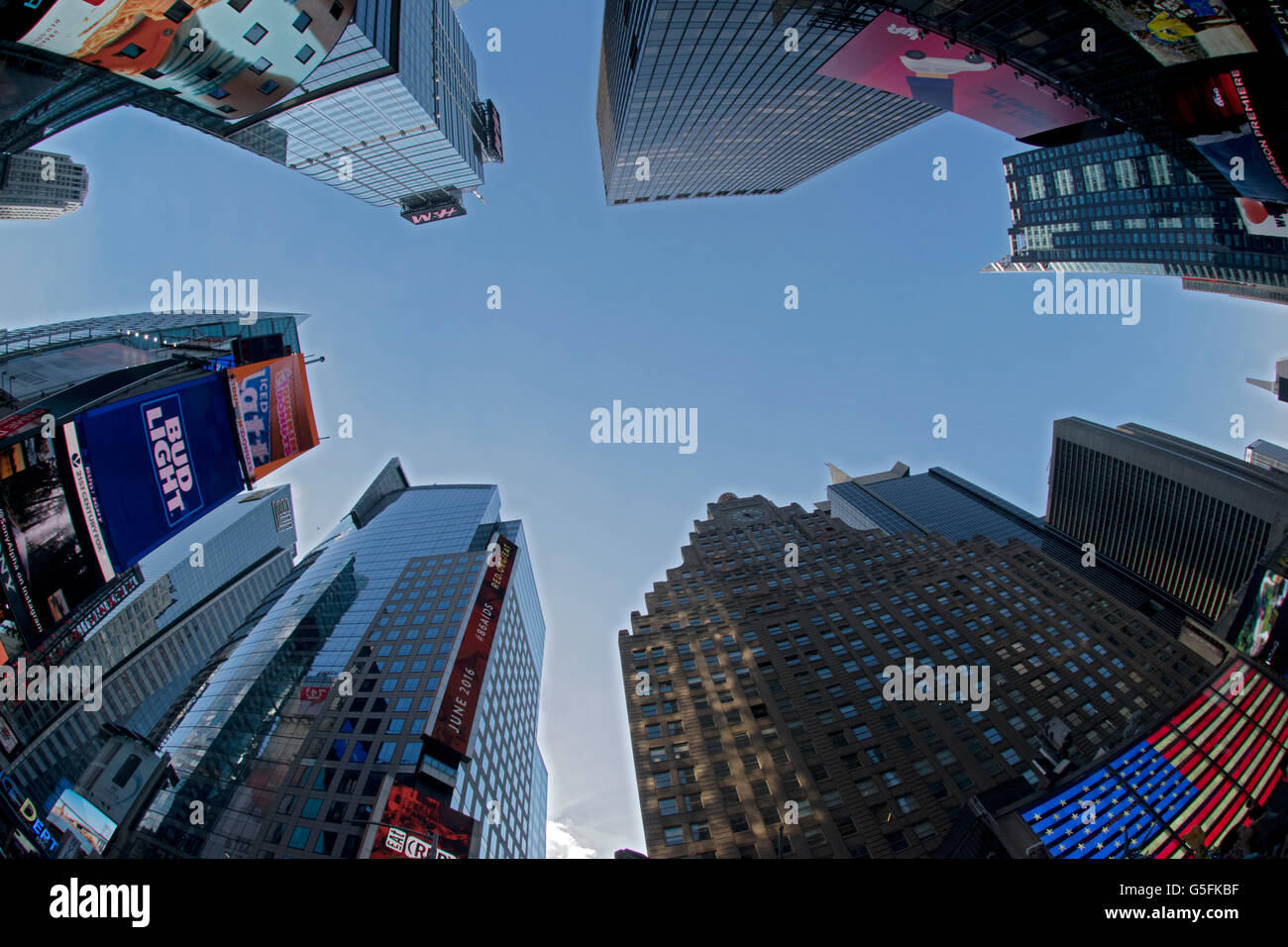 A fisheye lens view of the tall buildings in Times Square, New York ...