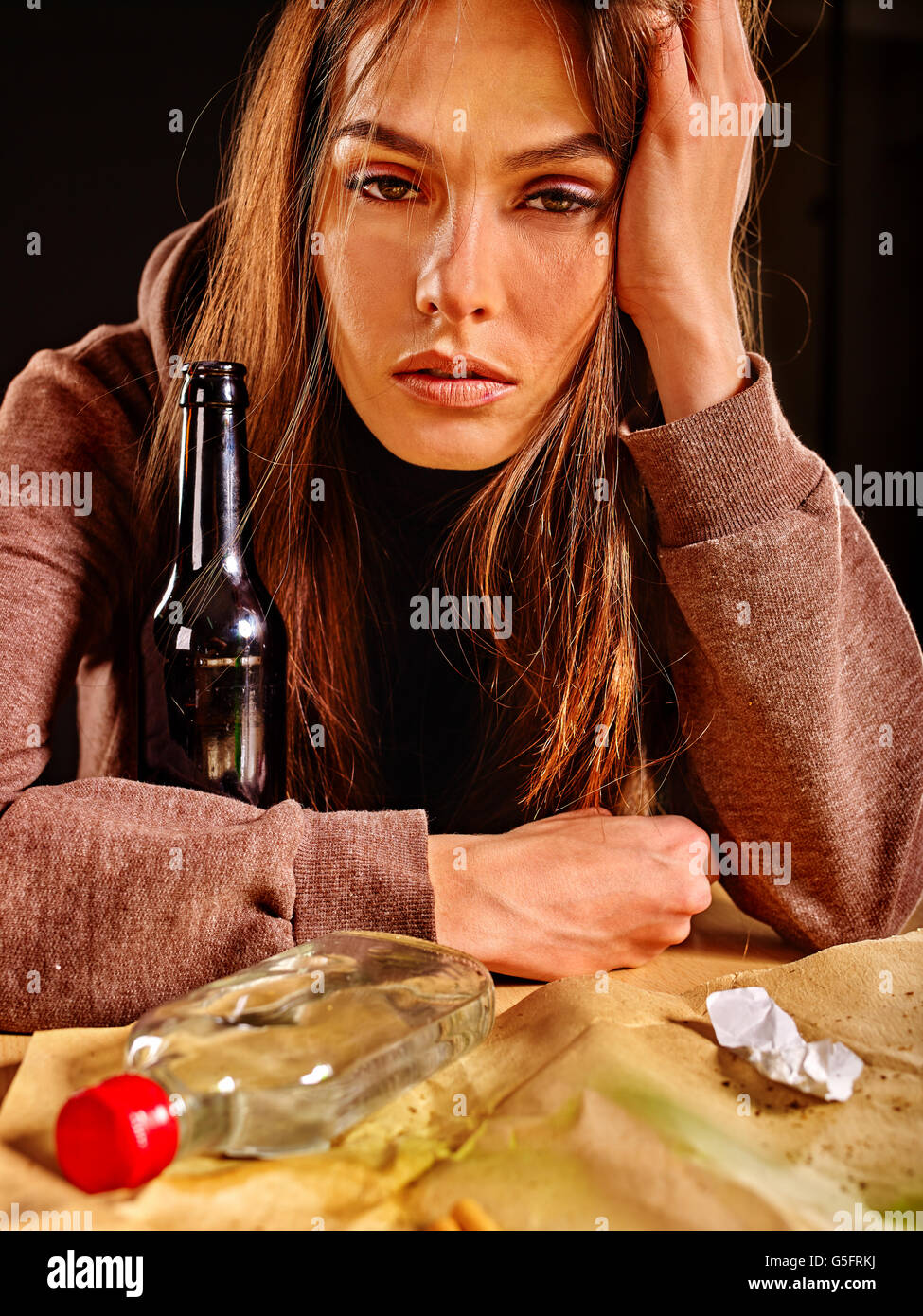 Girl in depression drinking alcohol hi-res stock photography and images ...