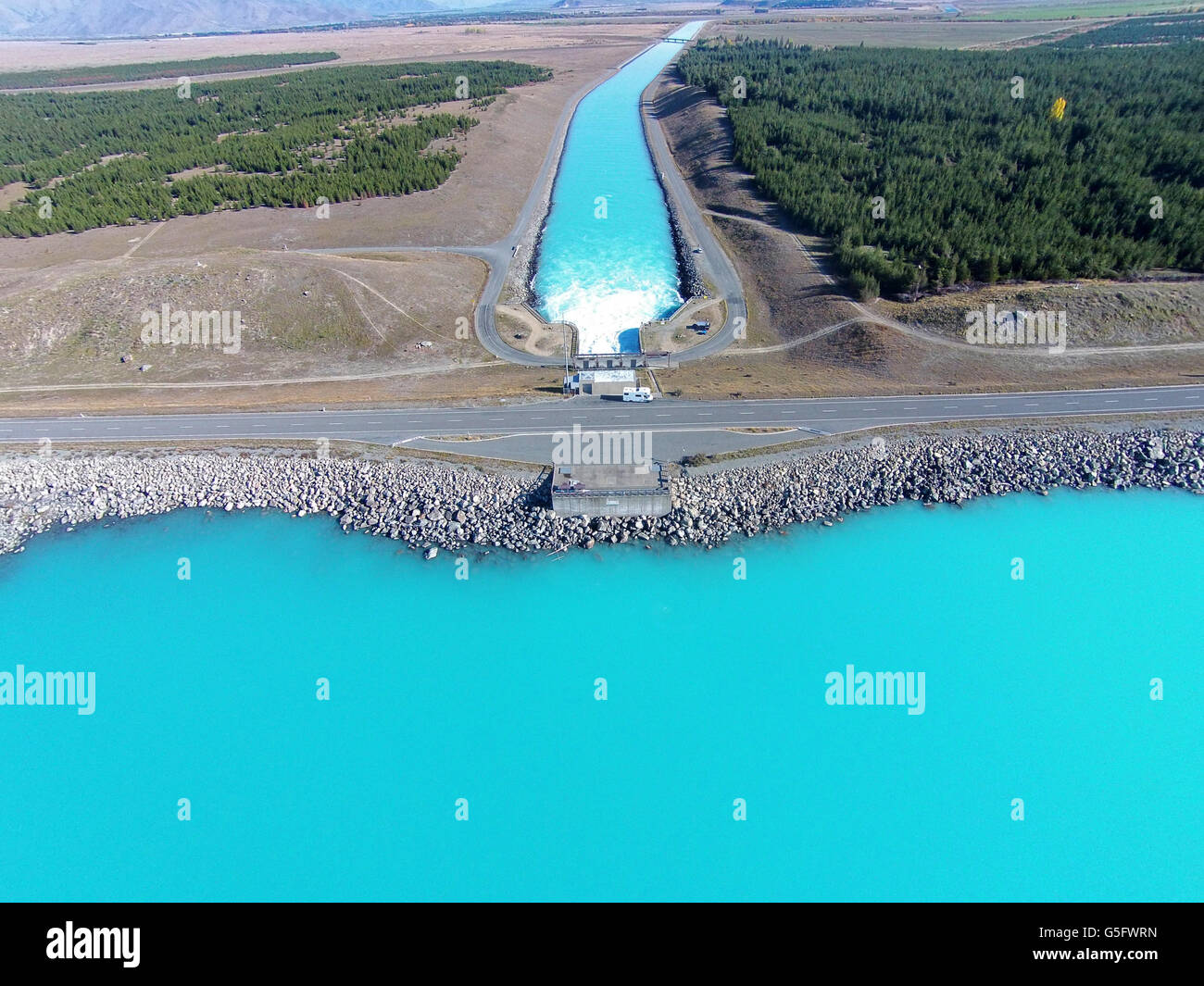 Lake Pukaki, State Highway 8 across Pukaki Dam, and Pukaki Canal ...