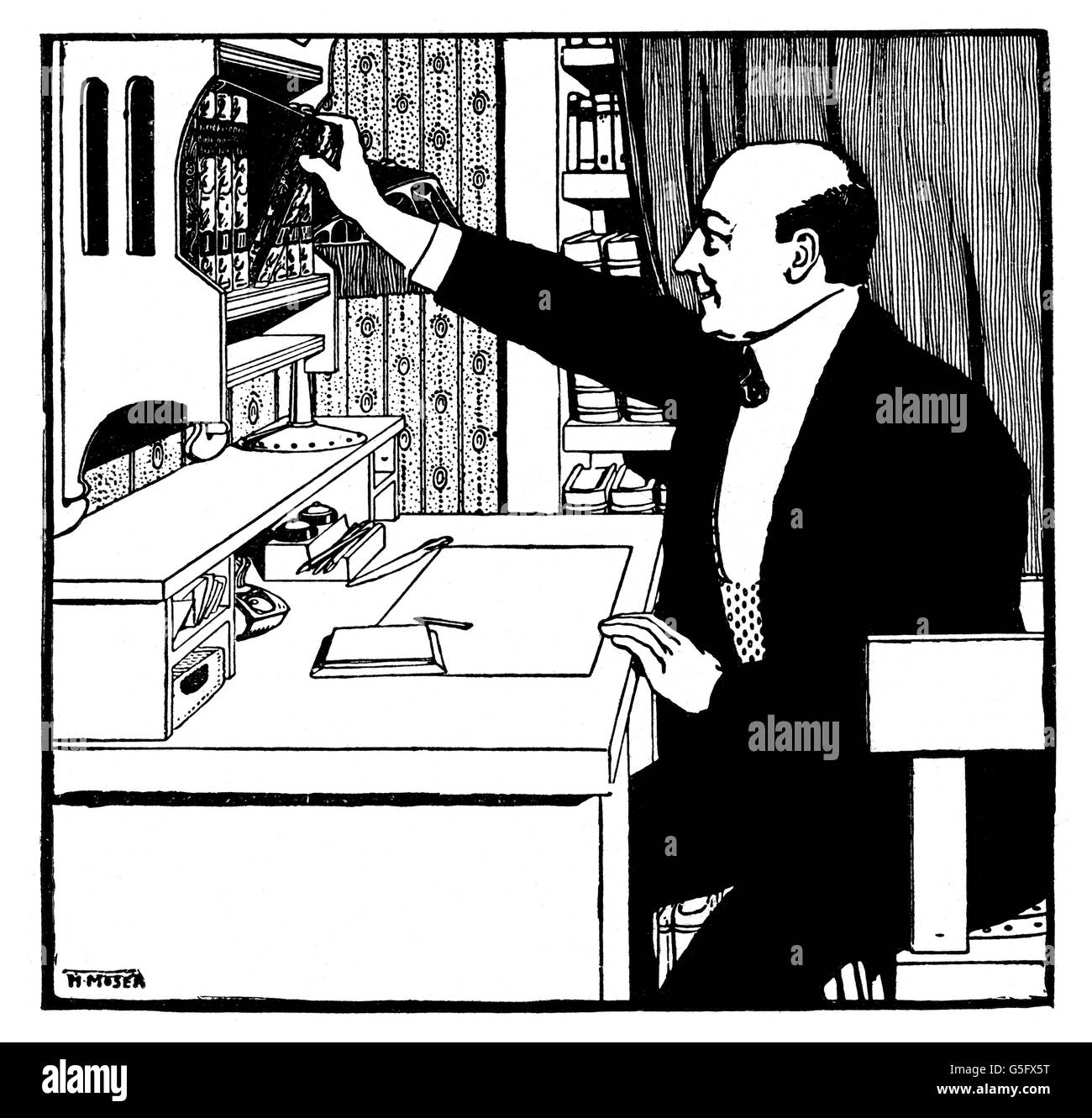 office, advertising for office furniture, drawing, by M. Moser, 1908 ...