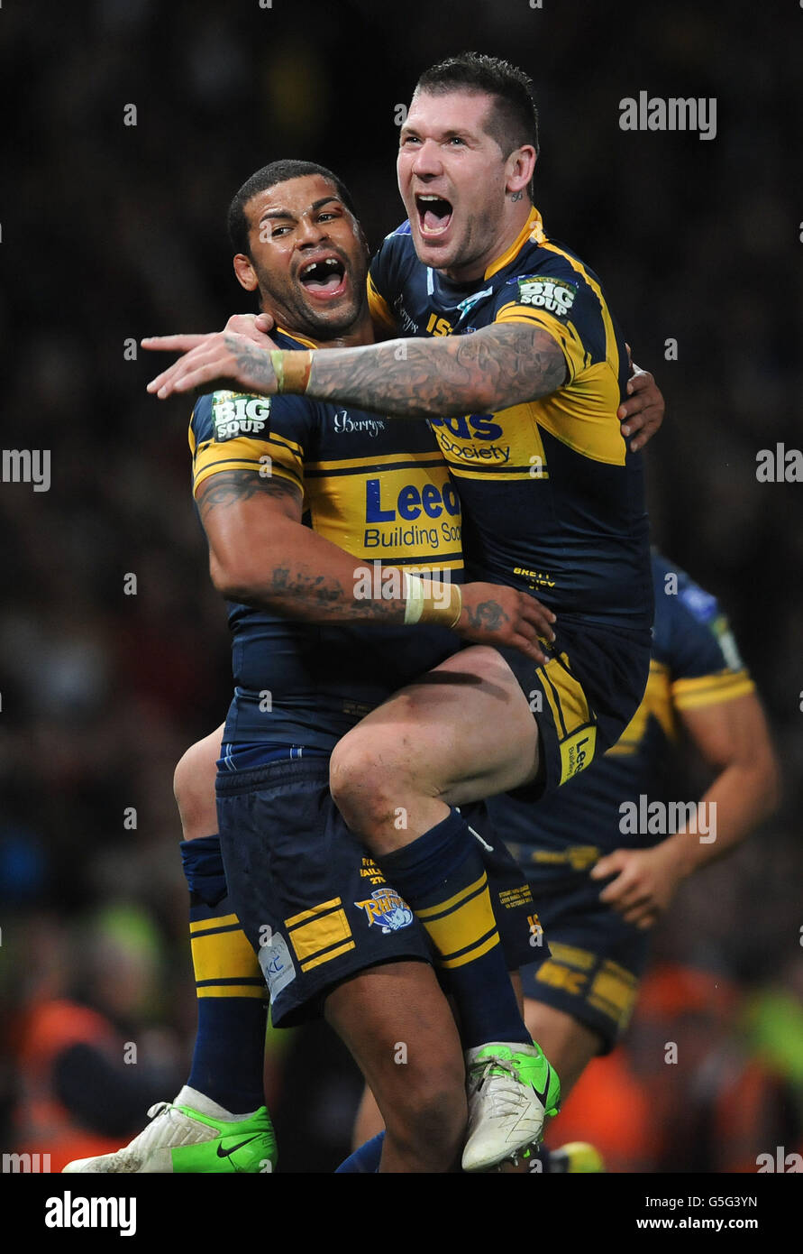 Leeds Rhinos' Ryan Bailey (left) and Brett Delaney celebrate their ...