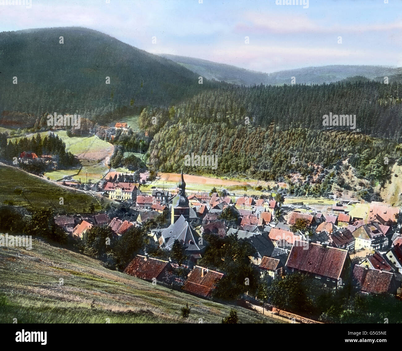 Luftbild der Stadt Lautenthal. Aerial of the city of Lautenthal in the ...