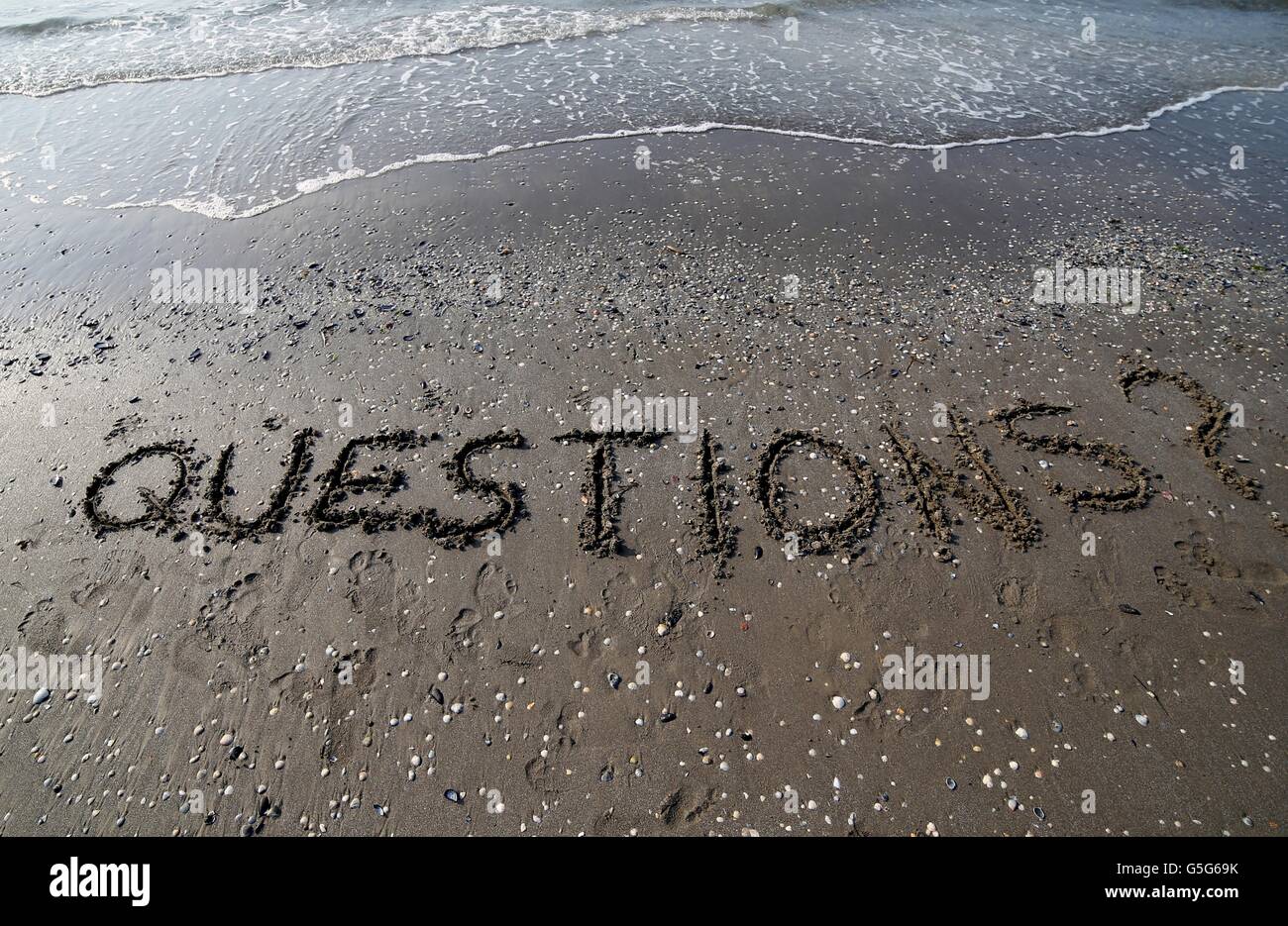 Questions with question mark written in large letters on the sand of ...