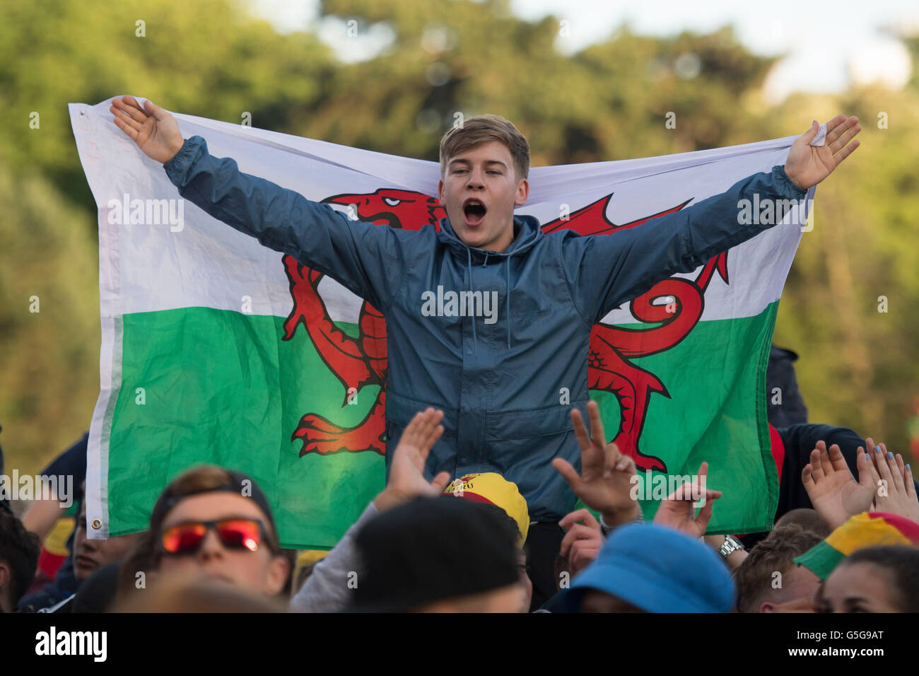 Wales football fans at the Wales supporters Fan Zone in Cooper's Field ...
